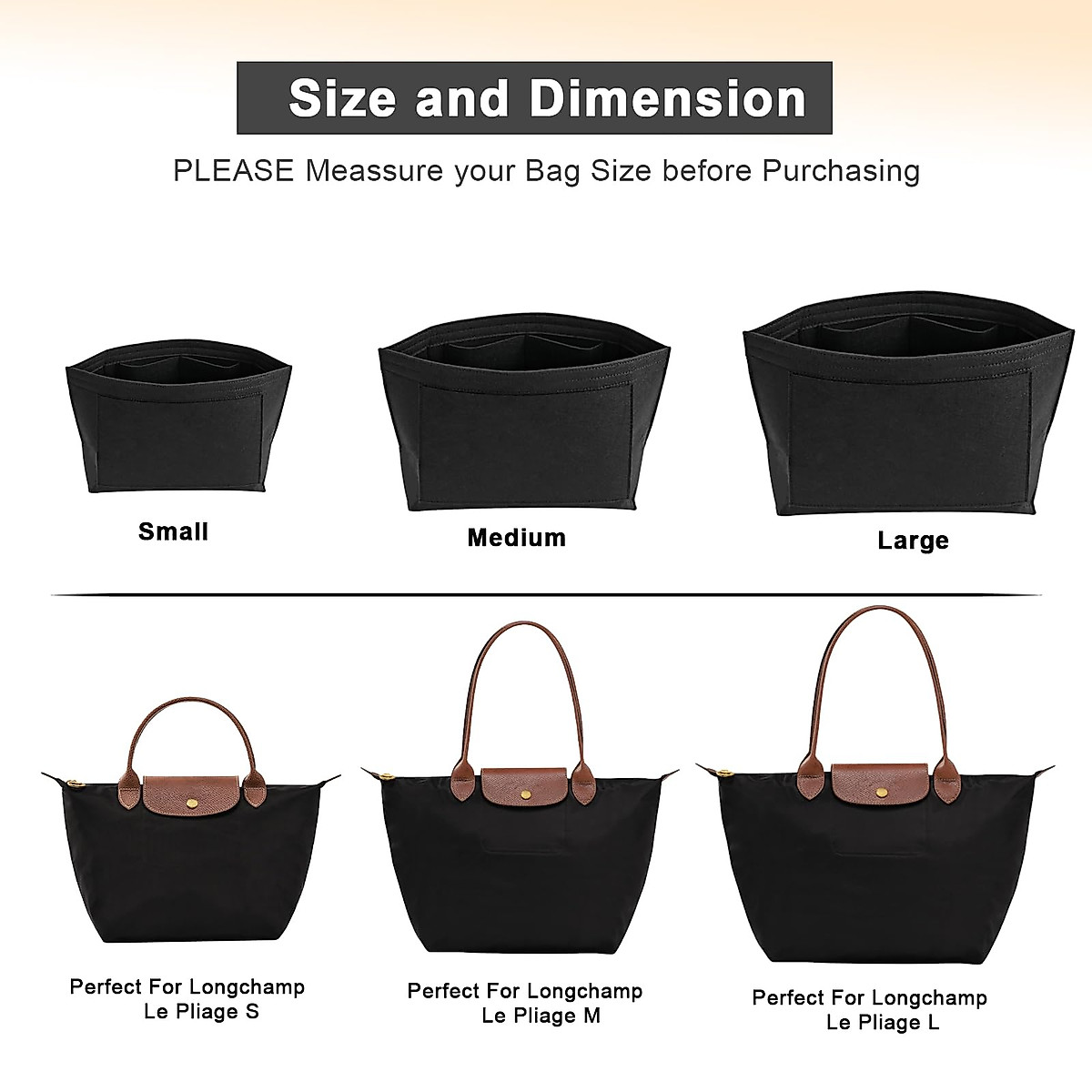 LOUKAYCCI Felt Purse Organizer Insert for Longchamp Le Pliage L Handbag Insert (Large, Black)