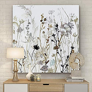 Renditions Gallery Modern Floral Wall Art Black & Grey Wildflower Mist Abstract Nature Paintings for Bedroom Home Kitchen Wall - 16"x16" LT34