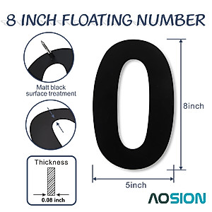 AOSION 8 Inch House Number,Floating Stainless Steel 304 Home Street Number Sign,Large Address Numbers with Screws,Easy to Install,Matt Black (Number 0)