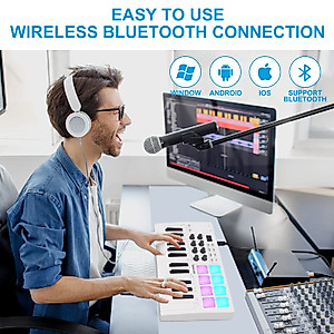 25 Key Bluetooth USB MIDI Keyboard Controller With 8 Backlit Drum Pads, Portable Rechargeable Dynamic Keybed 8 Knobs and Music Production, Smart Chord, Scale Modes, Software Included (White)