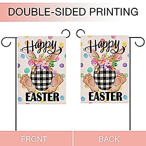 Hzppyz Happy Easter Garden Flag Double Sided, Easter Eggs Bunny Rabbit Decorative Yard Outdoor Home Small Decor, Buffalo Plaid Polka Dots Spring Farmhouse Burlap Outside House Decoration 12 x 18