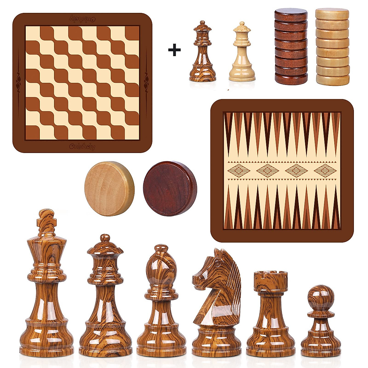 Onietoiy 3 in 1 High Polymer 3.75 Inch Weighted Chess Sets Backgammon and Checker Games Standard Competition Chess Pieces with Extra 2 Queens and Large Portable 19 inch Chess Board Set