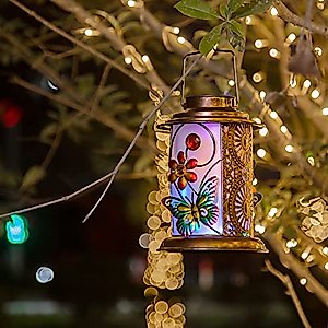 Outdoor Solar Lantern, Solar Hanging Butterfly Lantern, Solar Lanterns Outdoor Waterproof, Red Retro Metal LED Lantern for Outdoor Garden Patio Lawn Decor