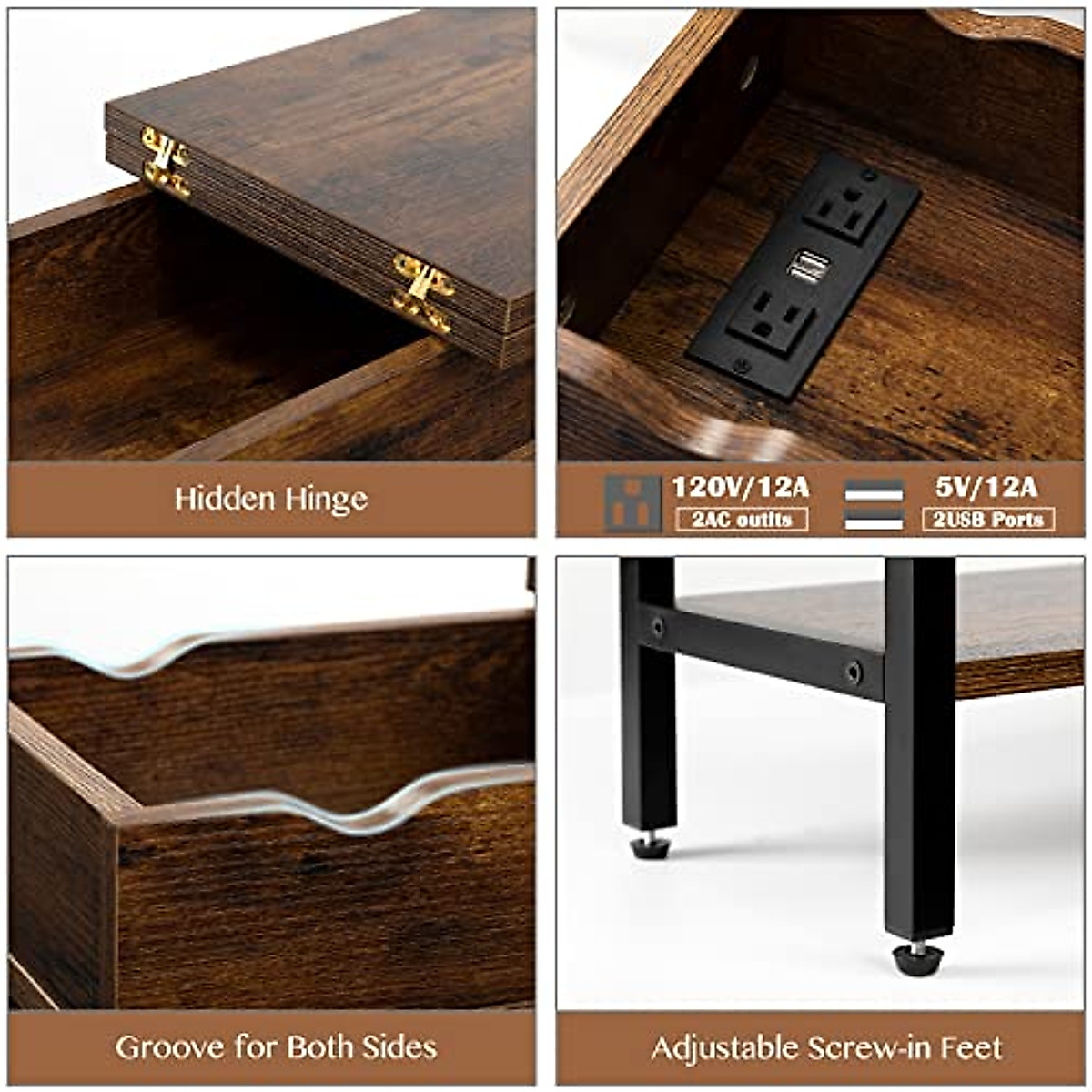 Hadulcet Side Table with USB Ports and Outlets, Narrow Sofa End Table with Storage Shelf for Small Spaces, Bedside Table Nightstand with Charging Station Rustic Brown