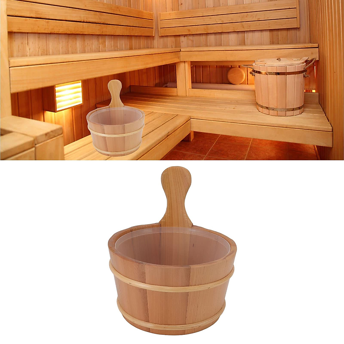Jeffergarden 4L Wooden Pail Sauna Bucket, Sauna Bucket with Ladle Sauna Bucket and Ladle Set Wooden Hot Tub Barrel Steam Room Water Bucket with Plastic Liner Sauna Spa Accessory