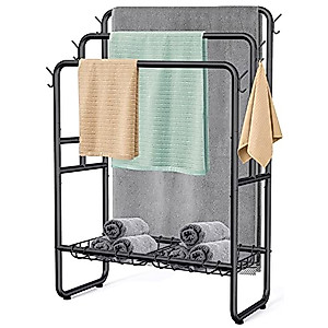 Kayfia 40" Tall Freestanding Towel Racks, 3 Tier Blanket Rack with 2 Removable Storage Baskets & 6 Hooks, Indoor Outdoor Floor Blanket Ladder Holder for Bedroom Bathroom Organizer (Metal Black)