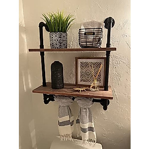 ROGMARS Industrial Pipe Shelf Floating Shelves Bathroom,Industrial Pipe Shelving Farmhouse Bathroom Shelves with Towel Bar Towel Rack Over Toilet Industrial Shelf Rustic Wall Wood Shelves 19.7 Inch