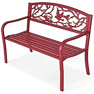 Tangkula Outdoor Garden Bench Park Bench, Patio Red Bird Bench Loveseat W/Backrest & Armrests, Heavy-Duty Steel Frame, Outdoor Furniture Bench Chair for Garden Courtyard Lawn Porch