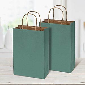 Prime Line Packaging 6x3x9 50 Pack Green Small Gift Bags with Handles, Kraft Colored Paper Bags, Recycled Bags, Items for Wedding Welcome Bags, Bulk
