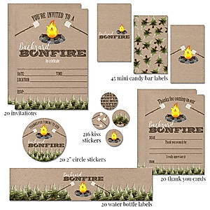 Backyard Bonfire Birthday Party Bundle Includes 20 each of Invitations & Thank You Cards with Envelopes + 2 Different Sizes of Stickers, Mini Candy Bar Wrappers, & Water Bottle Labels!