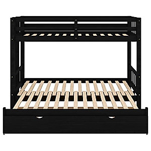 Extendable Bunk Bed with Trundle, Twin Over Double Twin Bunk Bed Frame, Upgraded Version Wooden Bunk Bed with Trundle, Pull-Out Bunk Bed Frame Can Be Extendable, No Spring Box Needed, Espresso