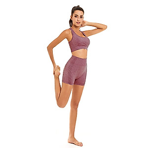 Toplook Women Seamless Yoga Workout Set 2 Piece Outfits Gym Shorts Sports Bra (Wine, Medium)
