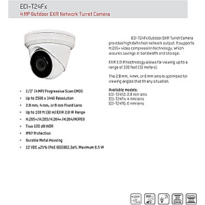 ECI-T24F2 4MP POE IP Turret Dome Camera 2.8mm 98° Wide Viewing Angle, True WDR, 98ft EXIR Night Vision, Full Metal IP67 Outdoor Rated, H.265+, Plug and Play Compatible with Hik Vision NVR