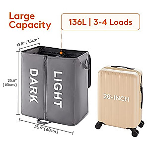 Lifewit 136L Double Laundry Hamper with Lid and Removable Laundry Bags, Large Divided Hamper, Collapsible 2 Section Laundry Basket with Handles for Bedroom, Bathroom, College Dorm, Laundry Room, Grey