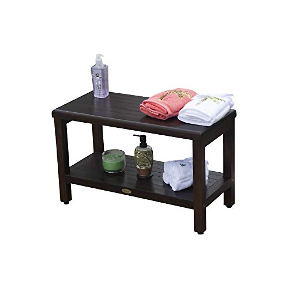 DecoTeak Eleganto Classic Shower Bench 30" Long Natural Teak Wood Armless Shower Stool with Shelf Open Back Wood Shower Bench in Woodland Brown Finish