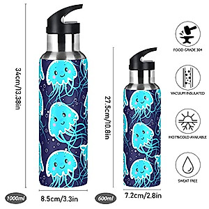 Cute Jellyfish Leak Free Insulated Bottles with Handle 32 oz Vaccuum Bottle with Straw Lid Thermal Bottle for Hot & Cold Drinks BAP-Free