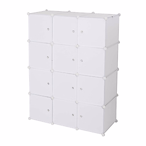 Wardrobe 12 Cube Organizer Stackable Plastic Cube Storage Shelves Design Multifunctional Modular Closet Cabinet with Hanging Rod White Doors