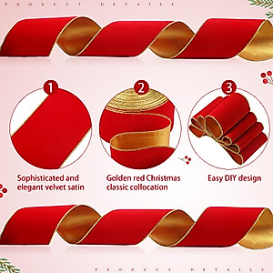 Giegxin 2 Rolls 100 Yard Christmas Velvet Ribbon Wired Gold Edge Ribbon Xmas Gift Wrapping Ribbon for Christmas Crafts Arrangement Decoration(Red and Gold, 4 Inch x 50 Yard)