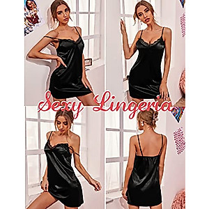 Ekouaer Women's Satin Slip Chemise Silk Nightgown,A(black),Medium
