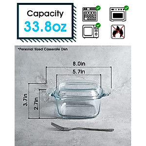 NUTRIUPS 1L Glass Casserole Dish for Oven with Lid Square Casserole Dish with Lid, Mini Glass Casserole Cookware Small Casserole Dish