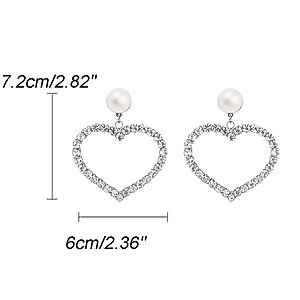 Xerling Pearl Crystal Rhinestones Love Heart Dangle Earrings Statement Wedding Drop Earrings for Women and Girls Bohemian Sparkly Jewelry Hoop Earring
