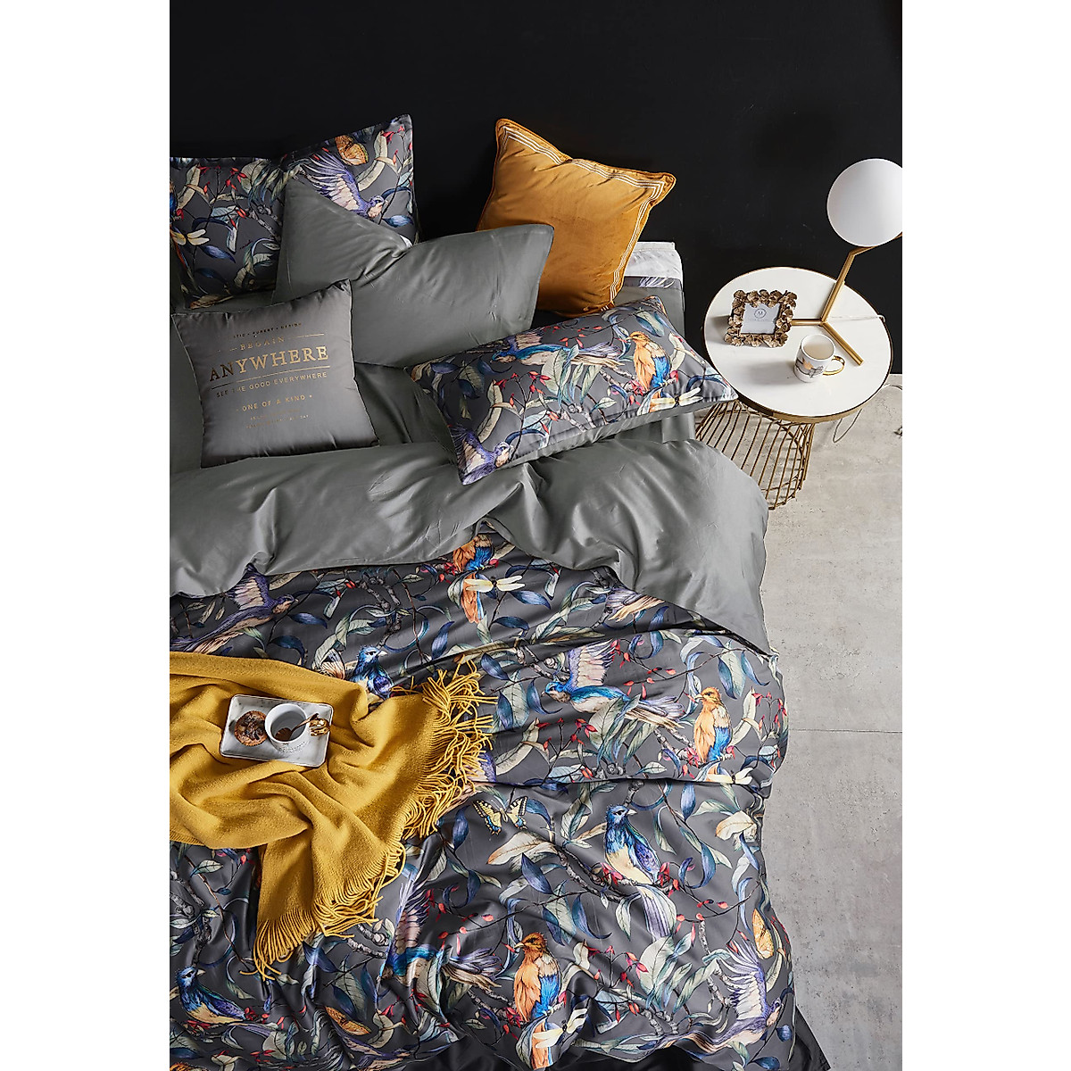 Eikei Home Chinoiserie Chic Peacock Floral Duvet Cover Paradise Garden Botanical Bird and Tree Branches Vintage Stylized Long Staple Cotton Bedding Set (Gray, Queen)