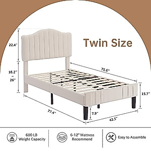 VECELO Twin Bed Frame Upholstered Platform Bed Frame with Height Adjustable Teddy Fabric Headboard, Strong Wood Slats Supports 7.9'' Under Bed Space Noise Free No Box Spring Needed, Beige