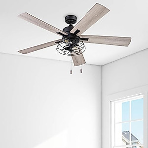Prominence Home Marshall, 52 Inch Industrial Style LED Ceiling Fan with Light, Pull Chain, Three Mounting Options, Dual Finish Blades, Reversible Motor - Model 51457-01 (Matte Black)