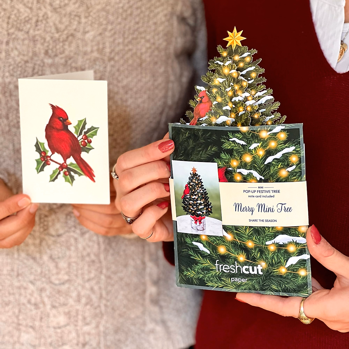 Freshcut Paper Pop Up Cards, Merry Mini Tree, 7 inch Mini Sized Paper Christmas Tree 3D Popup Greeting Cards, Christmas Card, Holiday Card, Blank Notecards & Envelopes, Pack of 5