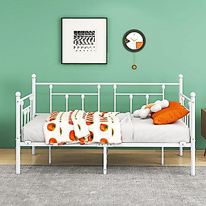 HAHRIR Metal Daybed Frame and Trundle Set Premium Steel Slat Support Daybed and Roll Sofa Bed (Shiny White, Twin)