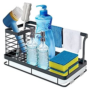 Hittanous Kitchen Sink Caddy, Rustproof Kitchen Sink Organizers with Drain Pan, Kitchen Caddy for Brush Dishcloth Soap and Sponge Holder Kitchen Sink Bathroom Accessories Storage Countertop (Black)