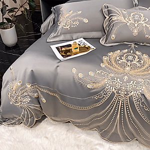 QQXX Luxury Embroidery Duvet Cover Set,Jacquard Silk Bedding Set,Cozy Breathable Microfiber Comforter Cover Set with Zipper Closure and Corner Ties for All-SeasonTies(Queen, Gray)