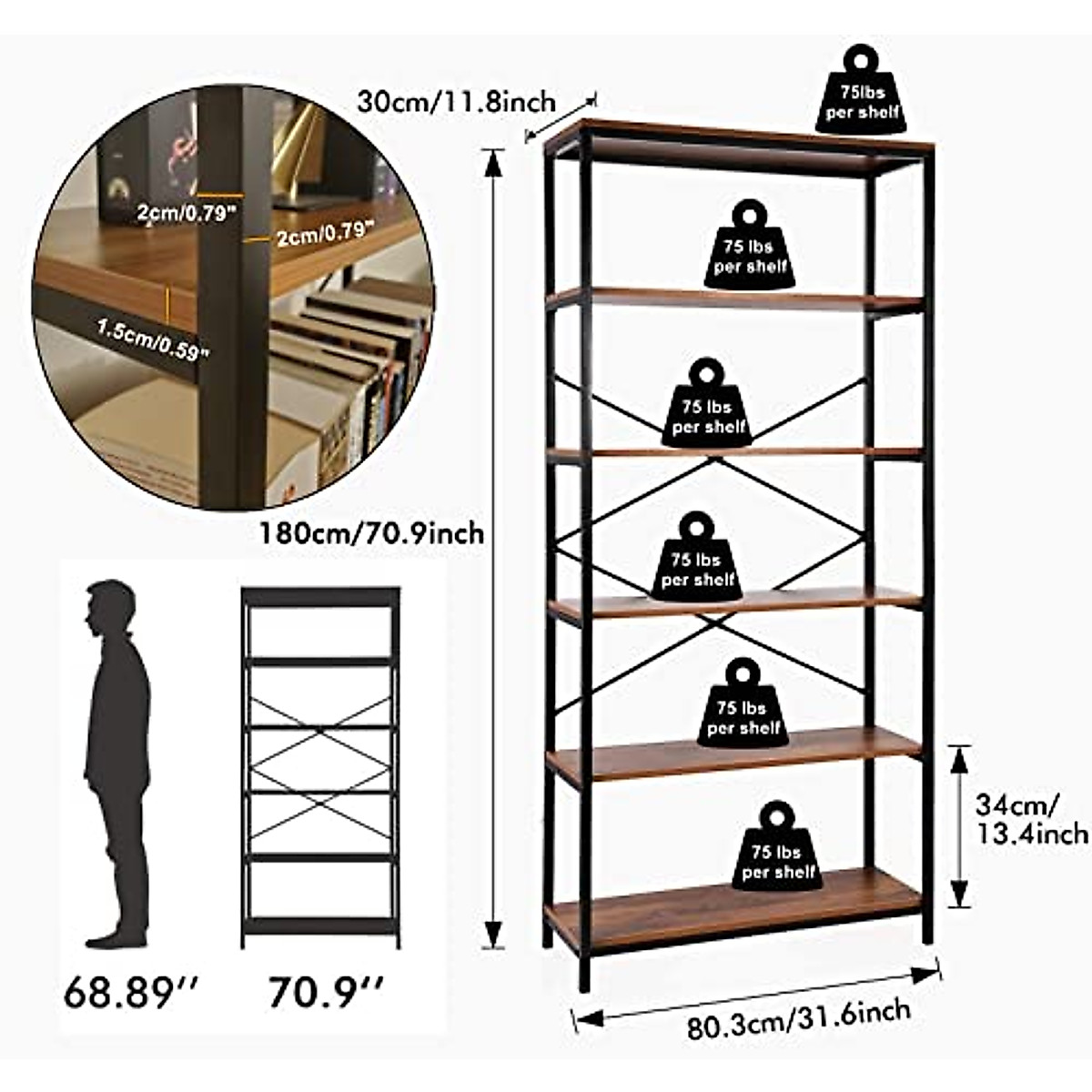 6 Tier Industrial Bookshelf, 71" Tall Open Bookcase, Rustic Wood Organizer Shelves on Metal Frame, Multi-Functional Storage Shelf Rack for Bedroom Living Room Garage Office Basement