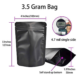 100 Pack Mylar Bag 3.5 Gram,4.7 Mil Thickness Smell Proof Bag,Stand-up Packaging Pouch,Resealable Ziplock Foil Food Storage Baggies Safe Material,4x5 Inches,Matte Black
