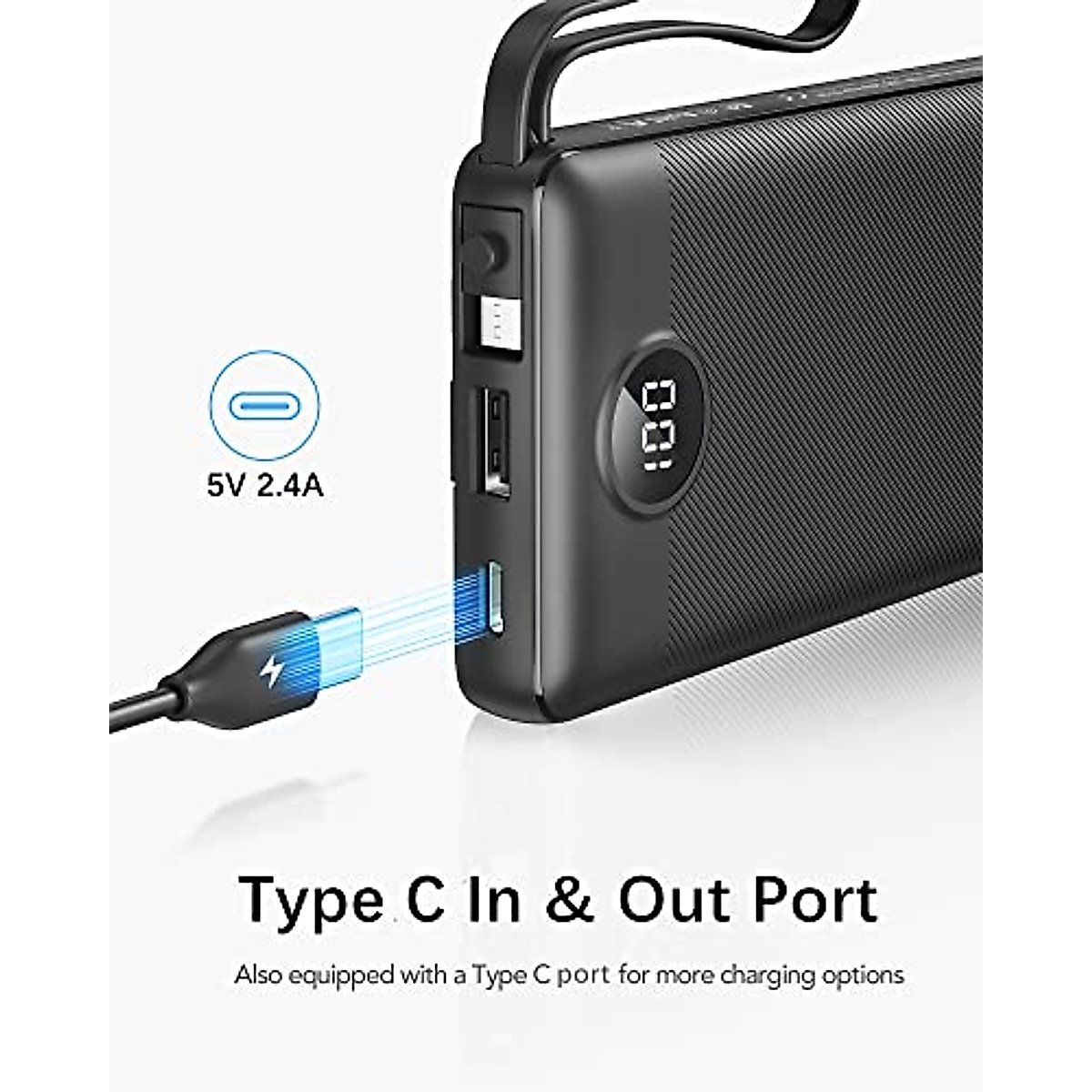 Portable Charger with Built in Cables,VRURC 10000mAh Ultra Slim USB C Power Bank,5 Output 2 Input LED Display External Battery Pack Phone Charger Compatible with Smart Devices and Cell Phones(1 Pack)