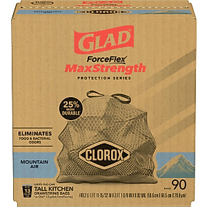 GLAD ForceFlexPlus Tall Kitchen Drawstring Trash Bags with Clorox, 13 Gallon White Trash Bag for Kitchen, Mountain Air Scent, 90 Count
