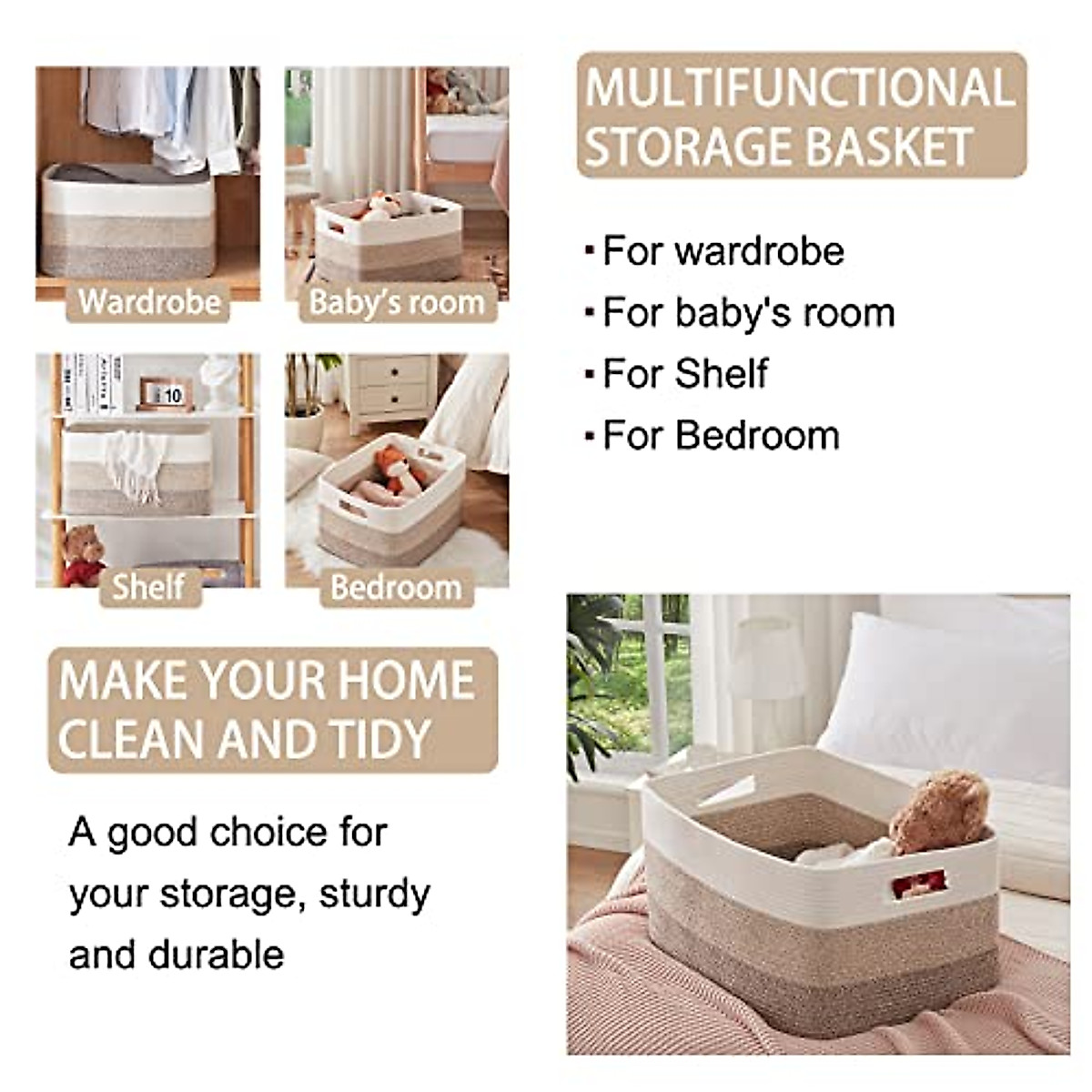 OIAHOMY Large Blanket Basket, Rectangle Woven Baskets for Storage, Nursery Cotton Rope Basket Living Room, Toy Basket For Organizing, Large Baskets With Handle-22”x17”x12”-Gradient Yellow