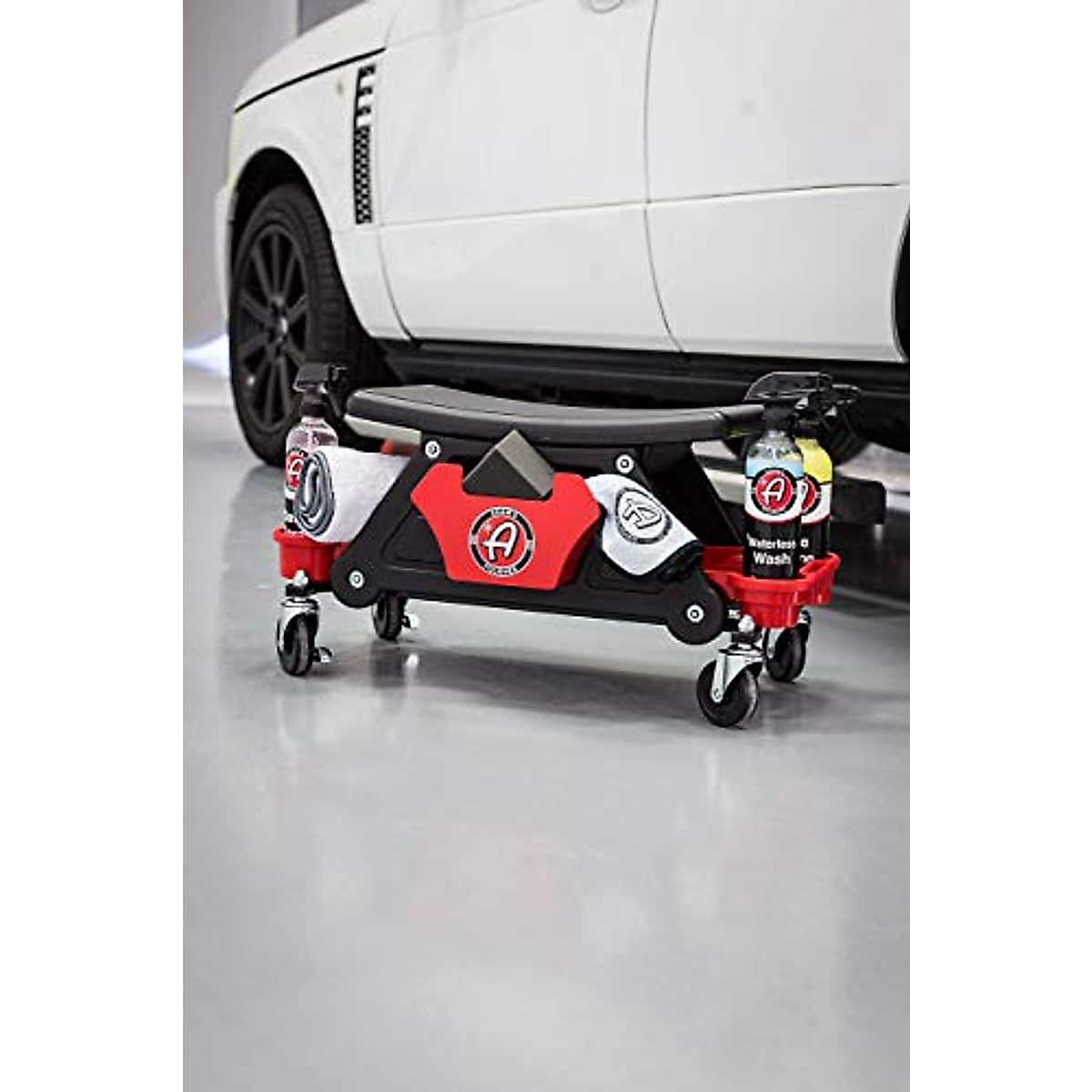 Adam's Polishes Detailing Seat, Mobile Rolling Utility Creeper Seat or Chair for Mechanics & Detailers, Organizer,Extra Storage Trays for Tools During Garage DIY Home Car Wash Wax Polishing Projects