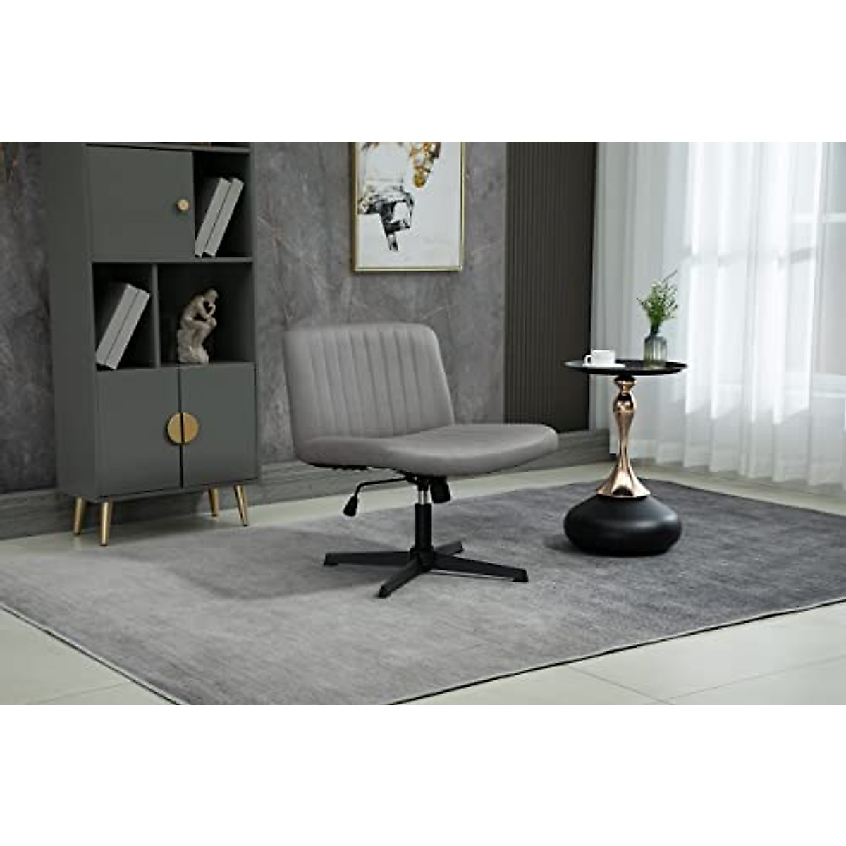 Armless Office Chair No Wheels with Thickened Cushion, Height Adjustable Swivel Ergonomic Computer Task Chair, Mid Back PU-Padded Bedroom Vanity Chair, Home Office Desk Chair - Grey Leather