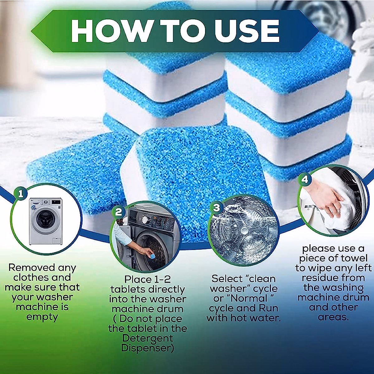 SainaHome Washing Machine Cleaner Tablet- Cleaning Tablets For HE Front Loader & Top Load Washer -12 Pack Economy Supply