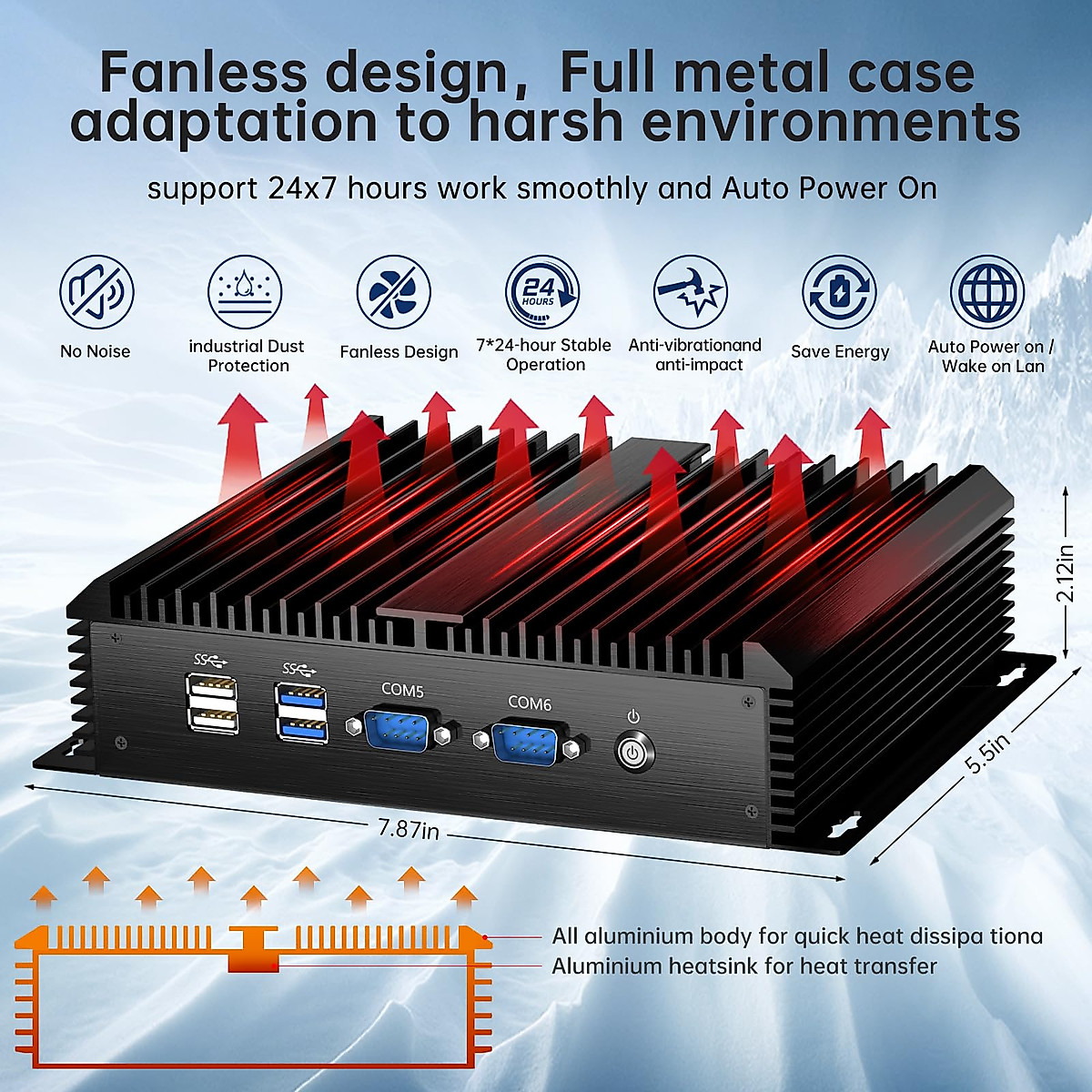 Kinupute Fanless Mini PC, Industrial Desktop Computer Core i5-4200U 1.6-2.6GHz, Windows 10 Pro, 8GB RAM, 128GB SSD, 2xNICs, 6xCOM RS232, 4xUSB 3.0, HDMI/VGA Port, Auto Power On, Metal Case