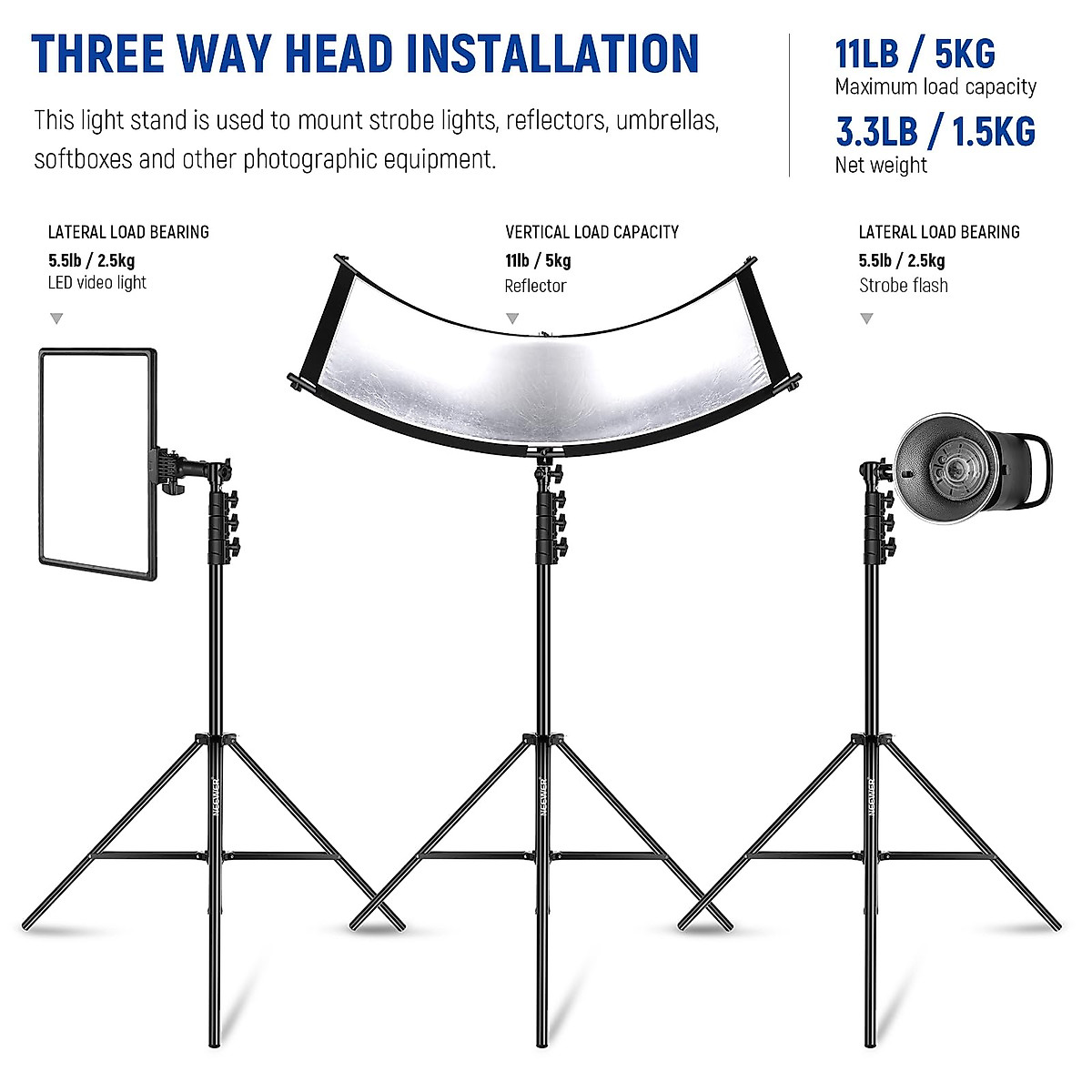 NEEWER 9.8ft/3m Air Cushioned Light Stand, Heavy Duty Metal Photography Tripod Stand with 1/4" to 3/8" Reversible Spigot, 3 Way Mounting Interface & Metal Locking Knobs, Max Load 5.5lb/2.5kg