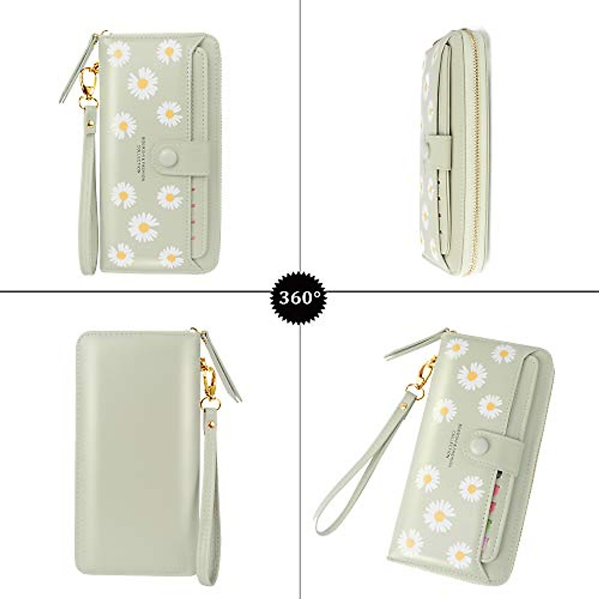 Nawoshow Women Leather Wallet RFID Blocking Zipper Pocket Wallet Card Case Purse with ID Window (Green(Flower))