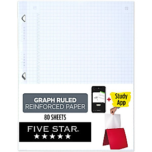 Five Star Loose Leaf Paper, 3 Hole Punched, Reinforced Filler Paper, Graph Ruled Paper, 11" x 8-1/2", 100 Sheets/Pack (17012),White
