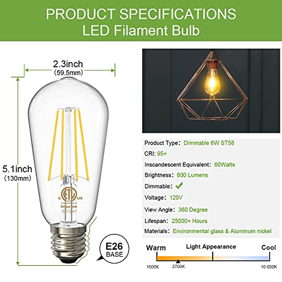 Volxon Dimmable E26 Edison Bulbs 60 Watt LED Equivalent, Vintage Style Antique Light Bulbs, 6W 2700K Warm White, High Brightness 800LM, LED Filament Bulb, 95+ CRI, ETL Listed(4 Pcs)