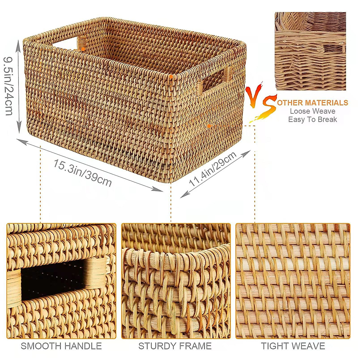 FIYAMMY Rattan Basket With Lid, Large Lidded Basket For Storage Rattan Box(17.8" L×13.8"W×7.8"H)