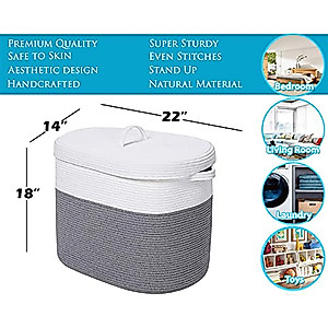 22”x14”x18” Rectangular Extra Large Storage Basket with Lid, Cotton Rope Storage Baskets, Laundry Hamper, Toy Bin, for Toys Blankets Storage in Living Room, Baby Nursery, Grey Basket with Lid