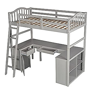MegaChunk Twin Size Loft Bed with Drawers, Cabinet, Shelves and Desk, Wooden Loft Bed with Desk - Gray