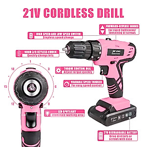 Pink 21V Cordless Drill Set for Women,Power Cordless Drill with Battery and Charger,Lightweight Complete Womens Tool Kit for House,Pink Tools Set with Electric Drill Driver for Home Office Repair
