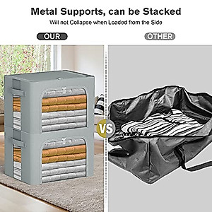 2 Pack Clothes Storage Bins, Stackable Oxford Frame Storage Box, Clothing Organizer Containers, Foldable Storage Bag for Closet, Living Room with Clear Window.(Grey,19.7*15.7*13inch,66L)
